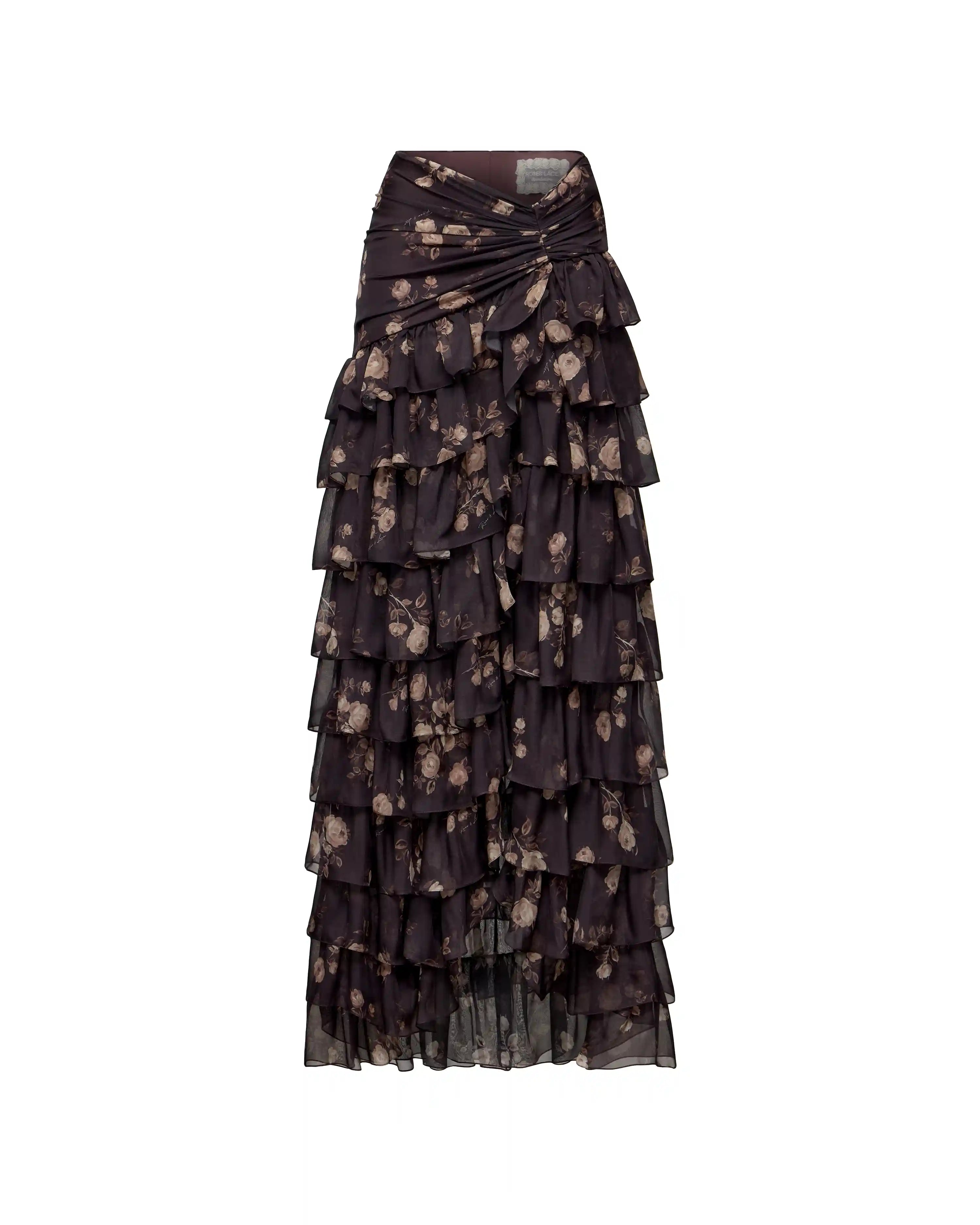 Lissa, maxi skirt made of chocolate chiffon with floral print – ROSES LACE